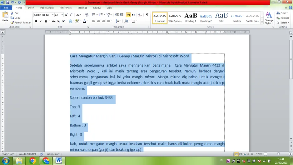 Cara Mengatur Margin Ganjil Genap (Mirror Margins) di Microsoft Word