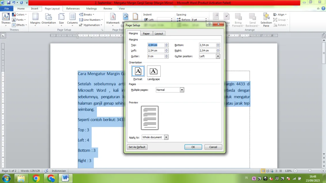 Cara Mengatur Margin Ganjil Genap (Mirror Margins) di Microsoft Word