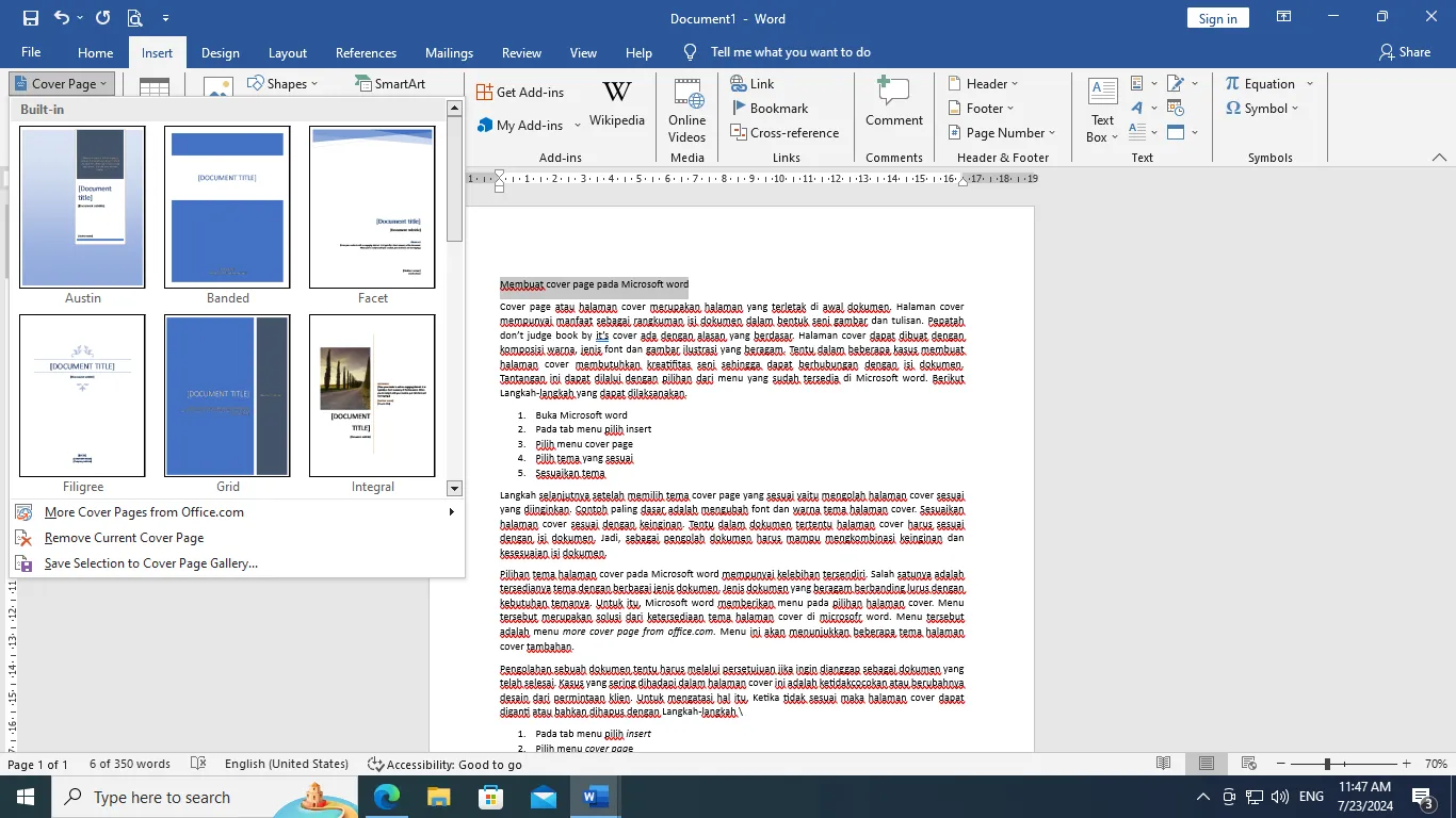 Membuat cover page pada Microsoft word